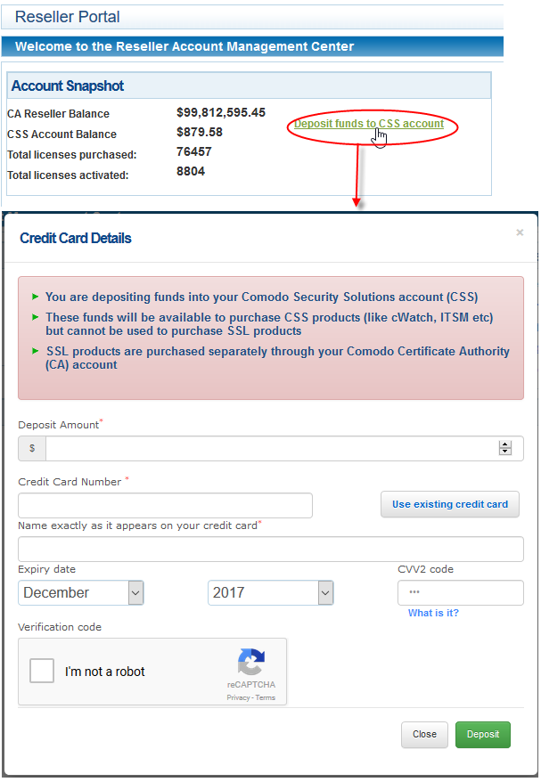 Account Snapshot and Deposit Funds, SSL Reseller Account, Comodo ...