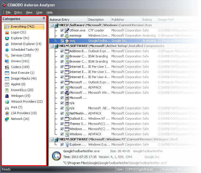Comodo Cleaning Essentials Version 2.5, Filtering Entries based on Categories, Malware Removal