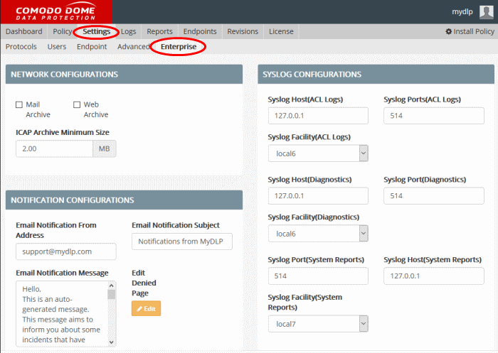 Configure Enterprise Settings, Syslog Server, Remote Data Storage ...