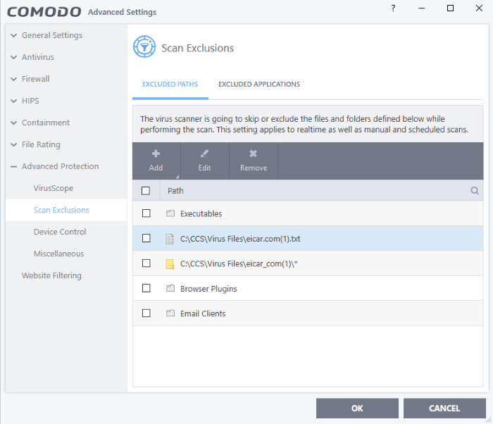 Exclude Files / Applications to Scan, PC Antivirus | Comodo Client Security