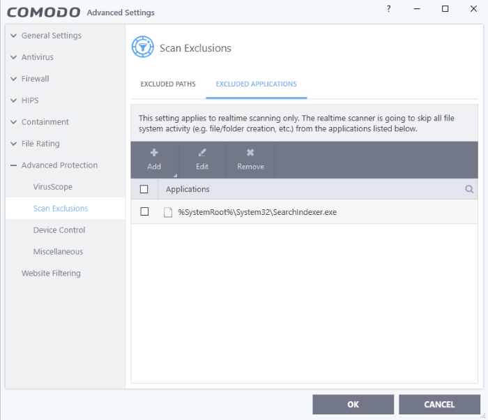 Exclude Files / Applications to Scan, PC Antivirus | Comodo Client Security