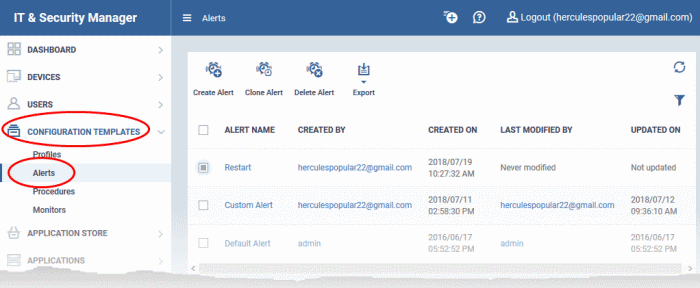 Manage Alerts, Alert Notification, Comodo IT and Security Manager | COMODO
