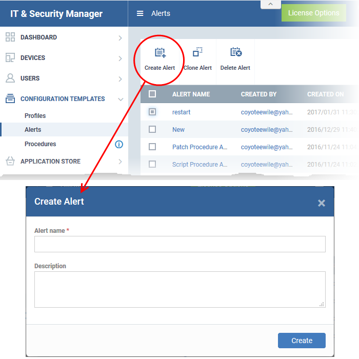 Create A New Alert, Alert Notification, Comodo IT and Security Manager ...