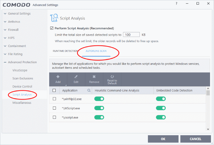 Script Analysis Settings, Comodo Client Security, Monitor Network Connection
