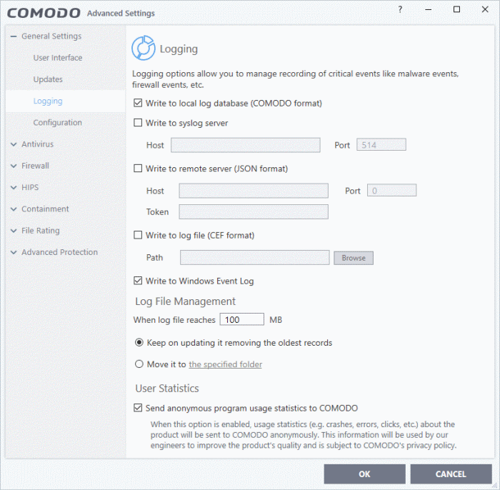 Log Events, Log Management, Event Log Management | Comodo Client Security