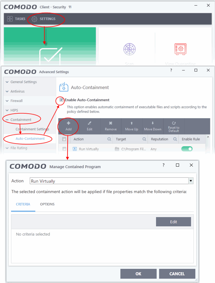 Disable Auto-Containment On A Per-application Basis | Comodo Client Security