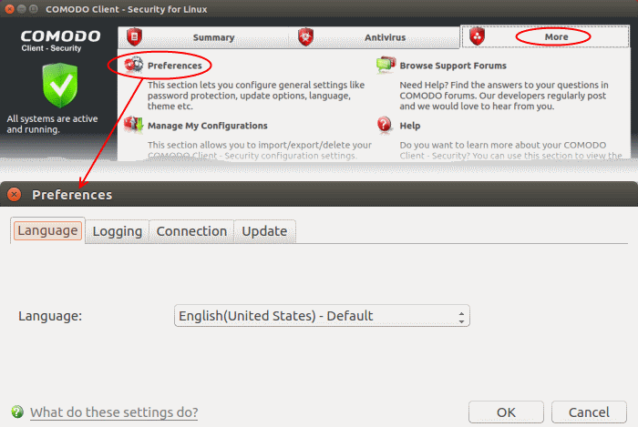 Change CCS Language Settings, Comodo Client Security For Linux, Antivirus Protection