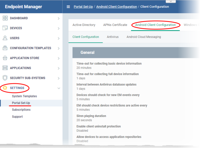 Configure the EM Android Client, Android Client Configuration, Endpoint ...
