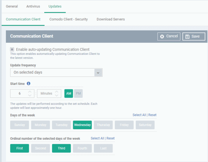 Communication Client and Comodo Client - Security Application Update Settings, Managed Windows ...