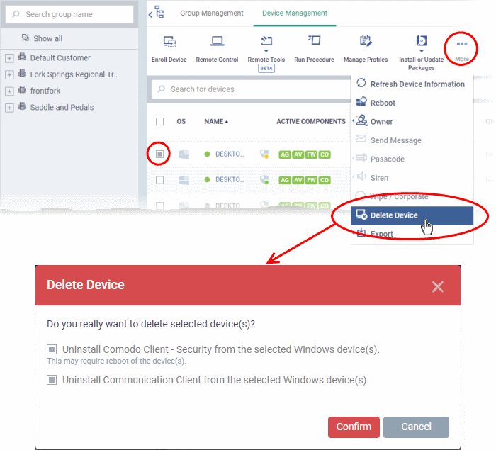 Remove A Device, Endpoint Manager, Security Manager | Comodo