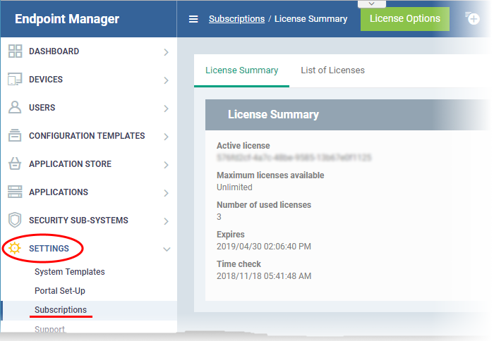 View And Manage Licenses, Security Manager, Device Manager, Endpoint ...