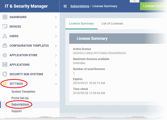 View And Manage Licenses, Comodo IT and Security Manager, Device Manager