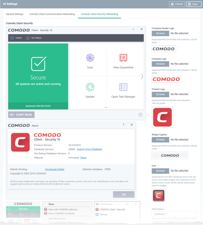 Communication Client and Comodo Client - Security Application UI Settings, Profiles for Windows ...