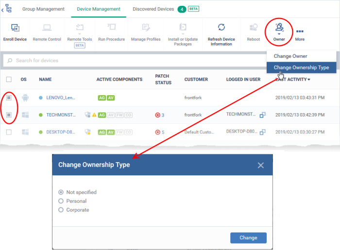 Change The Ownership Status Of A Device, Endpoint Manager | Comodo